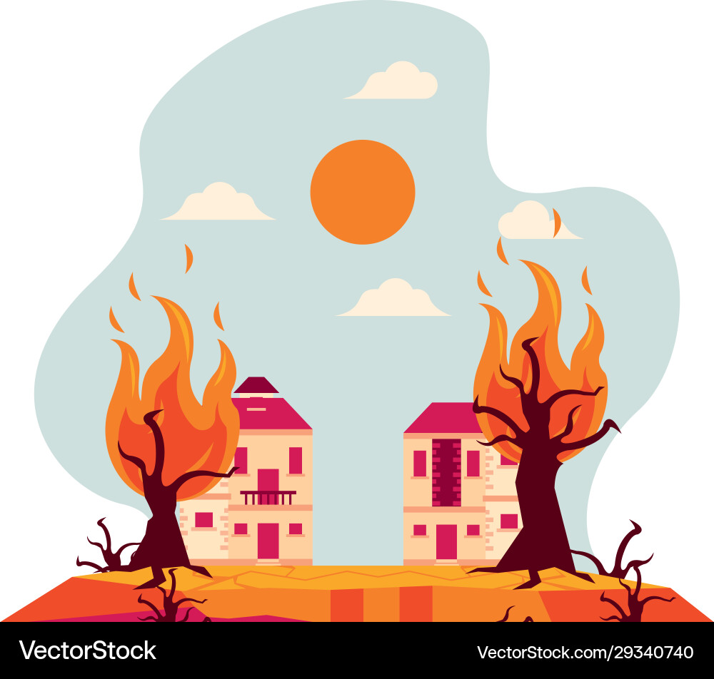 Houses in fire forest dry global warming scene Vector Image