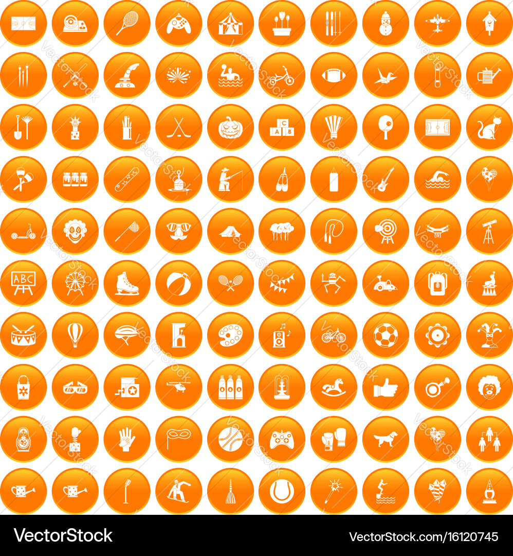 100 kids activity icons set orange Royalty Free Vector Image