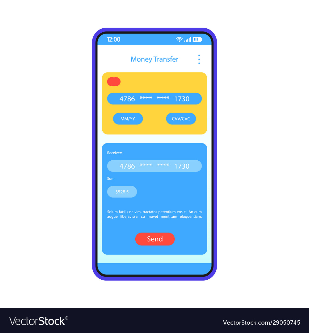 Money transfer app interface template Royalty Free Vector