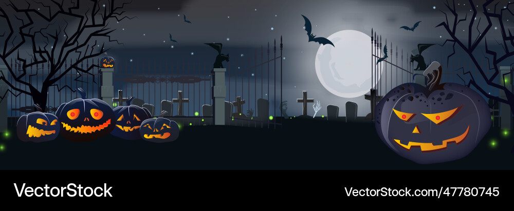 Open cemetery gate with pumpkins and bats at moon Vector Image