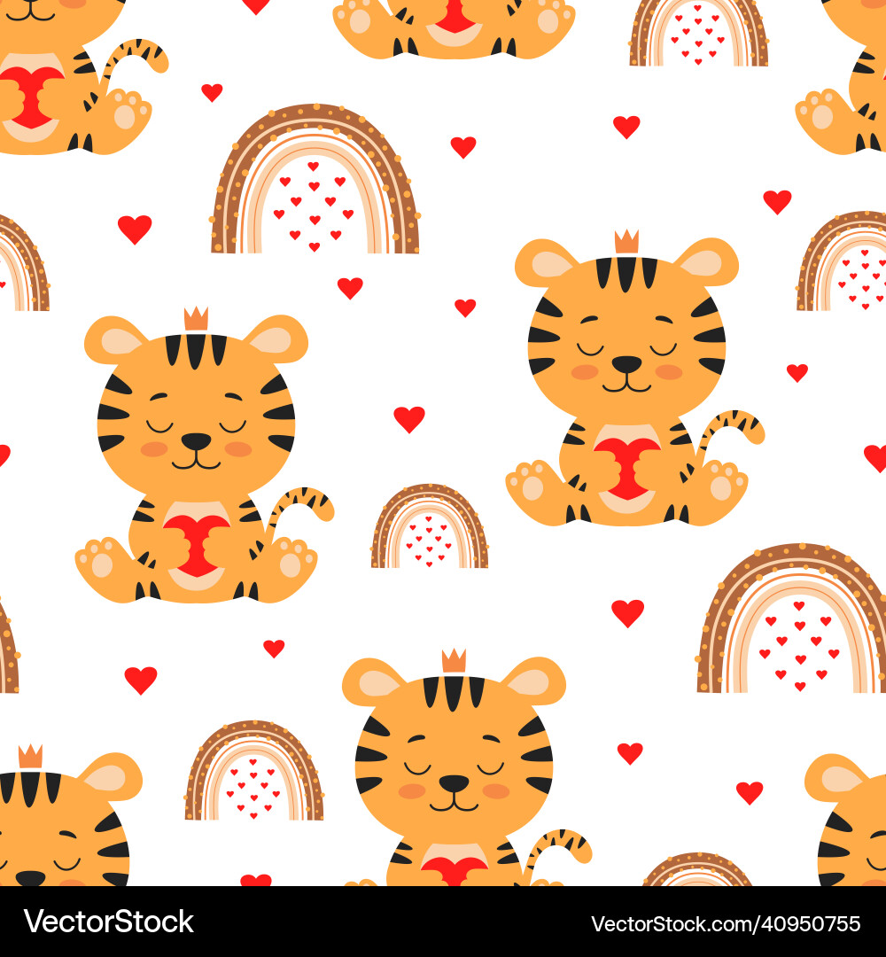 Children seamless pattern with tigers and hearts Vector Image