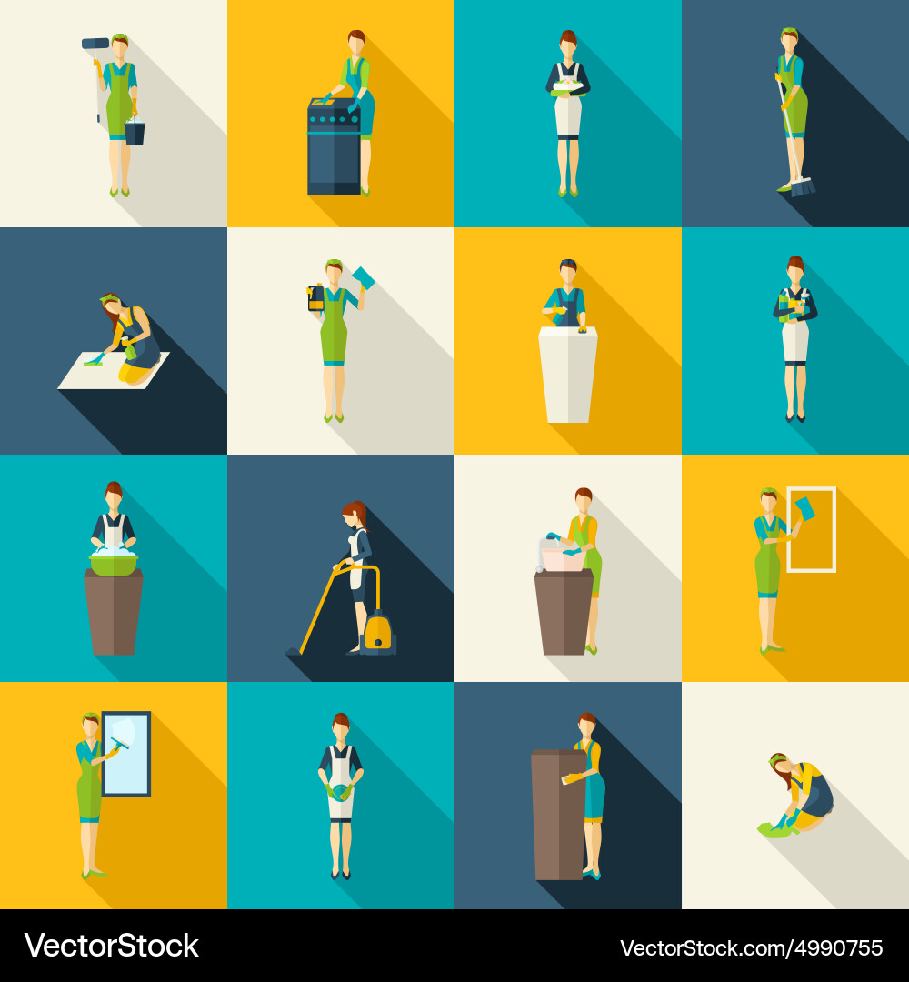 Cleaners Color Flat Icons Set Royalty Free Vector Image