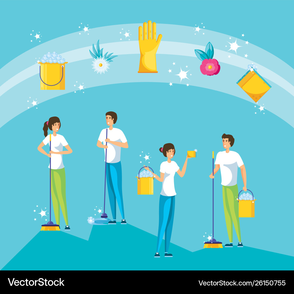 Housekeeping people working with tools and icons Vector Image