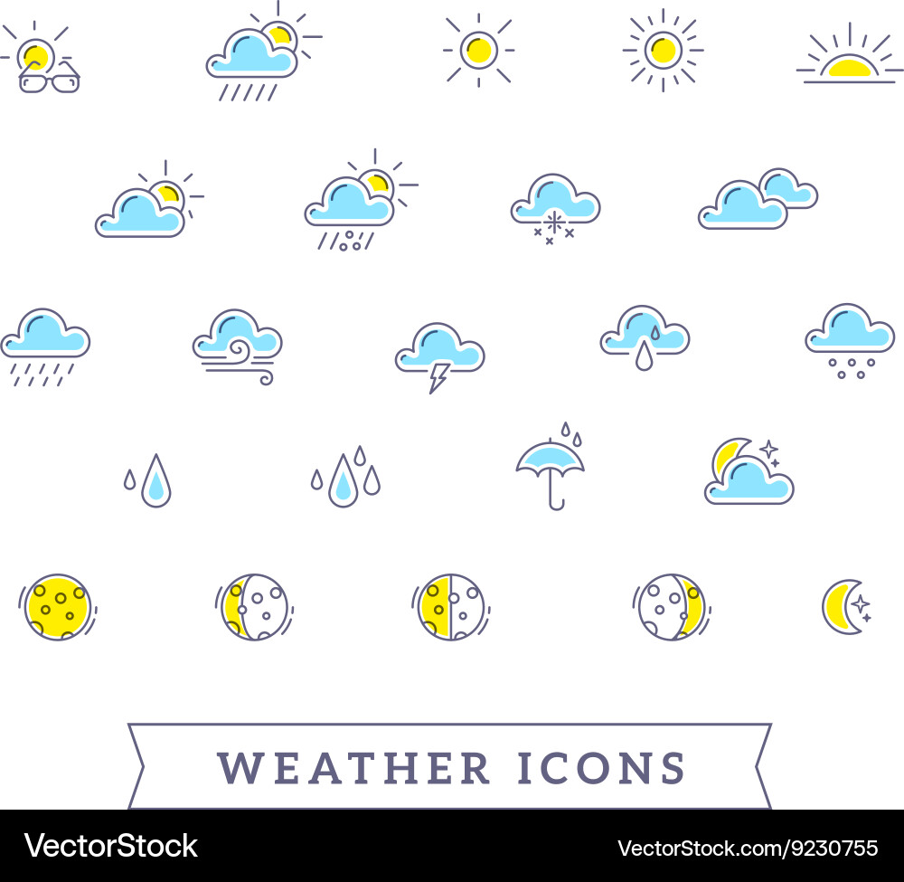Yellow and blue weather theme icon set Royalty Free Vector
