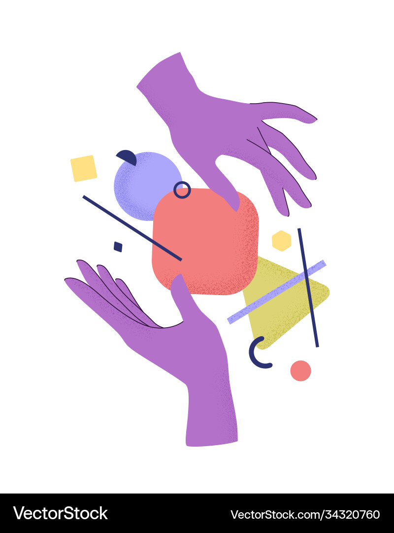 Cartoon human hands holding abstract geometric Vector Image