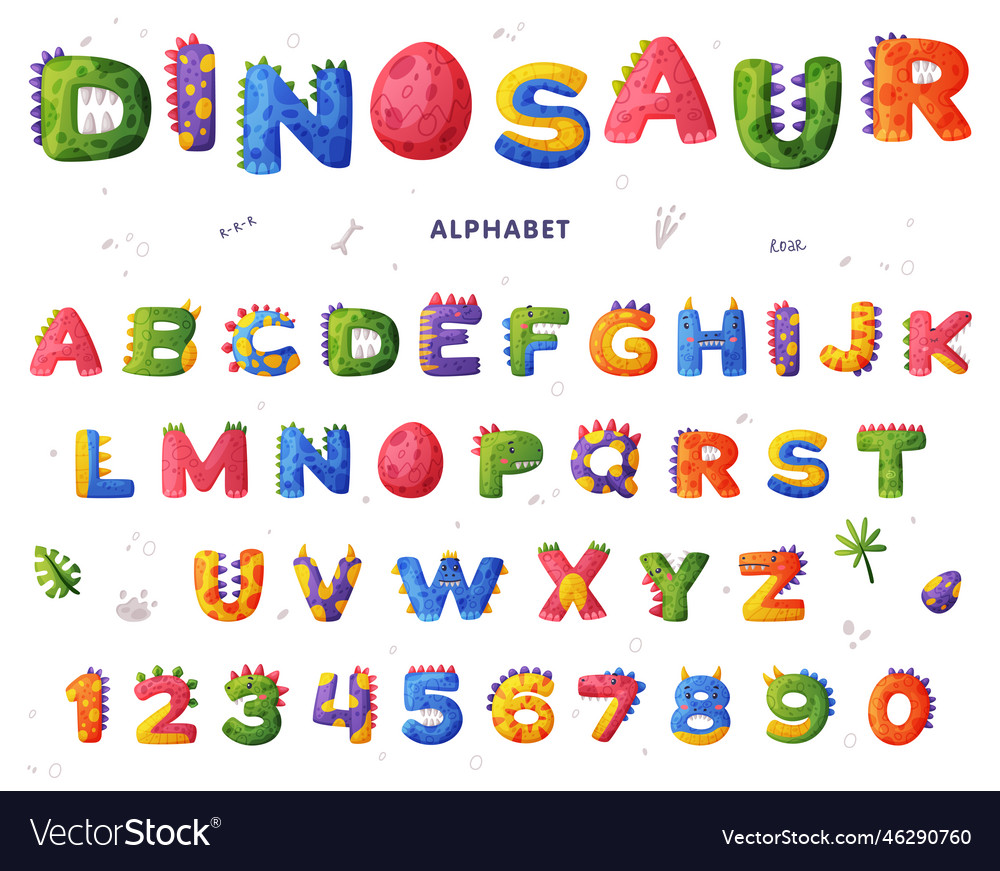 Dinosaur alphabet colorful letters and numbers Vector Image