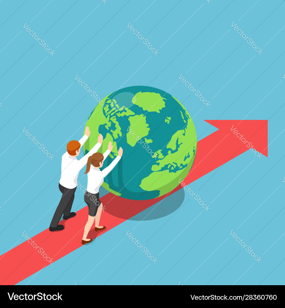 Isometric business people push world forward Vector Image