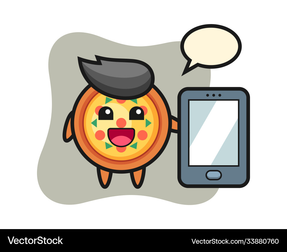 Pizza cartoon holding a smartphone Royalty Free Vector Image