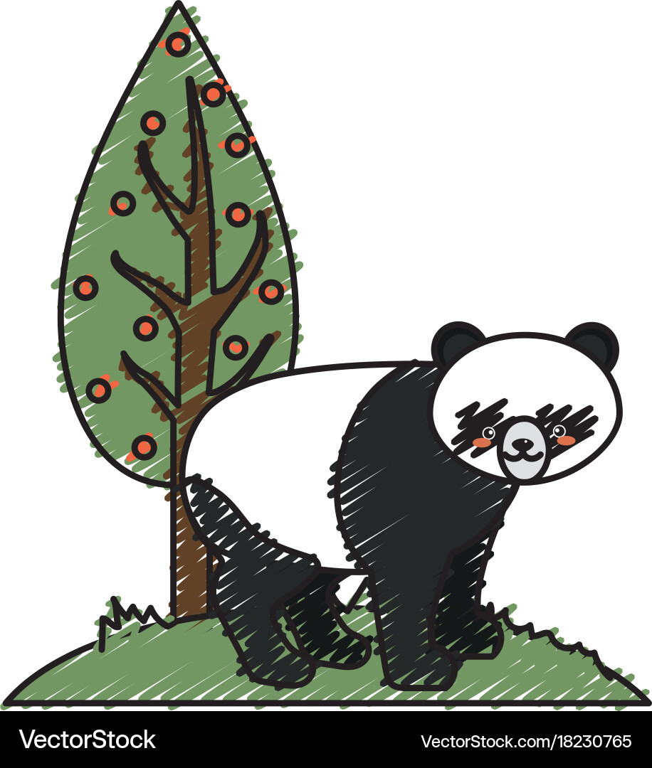 Cute panda wild animal next to tree Royalty Free Vector