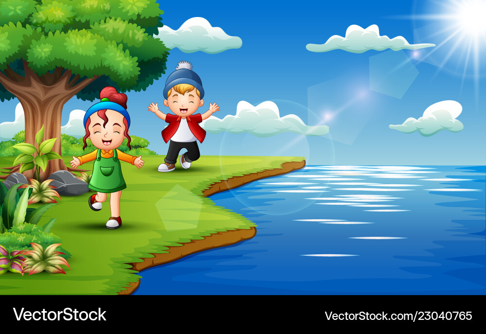 Happy kids playing in riverside Royalty Free Vector Image