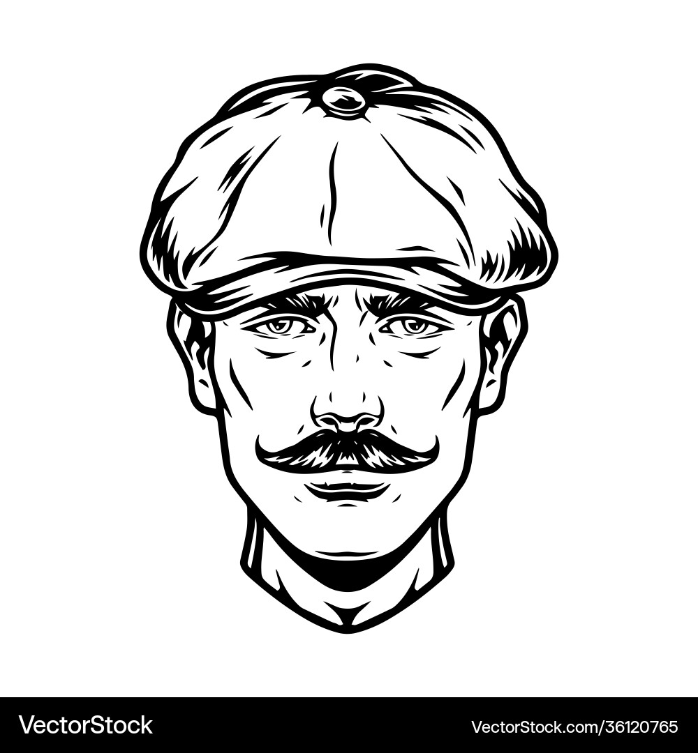 Mustached male head in irish cap Royalty Free Vector Image