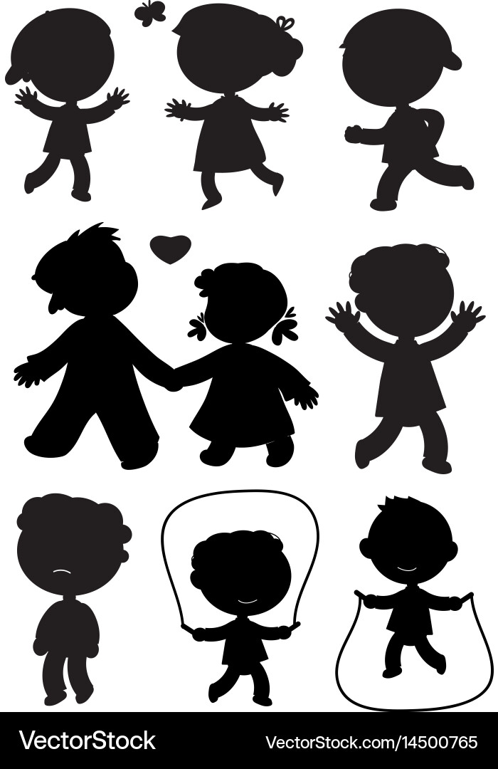 Nine children black silhouettes Royalty Free Vector Image