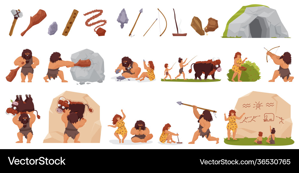 Primitive people hunt set wild caveman hunting Vector Image