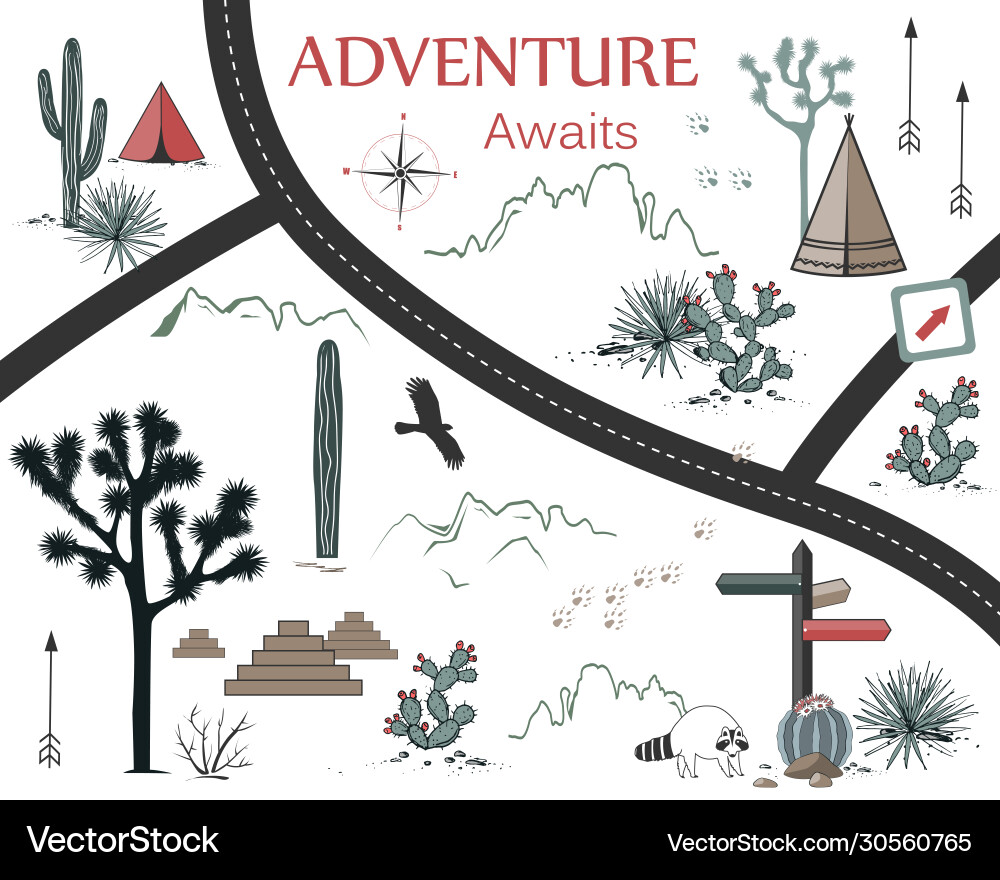 Roads mountains and cacti adventure map design Vector Image