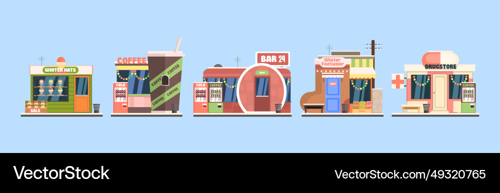 Shop building and market front view set Royalty Free Vector