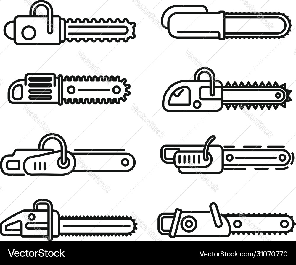 Modern chainsaw icons set outline style Royalty Free Vector
