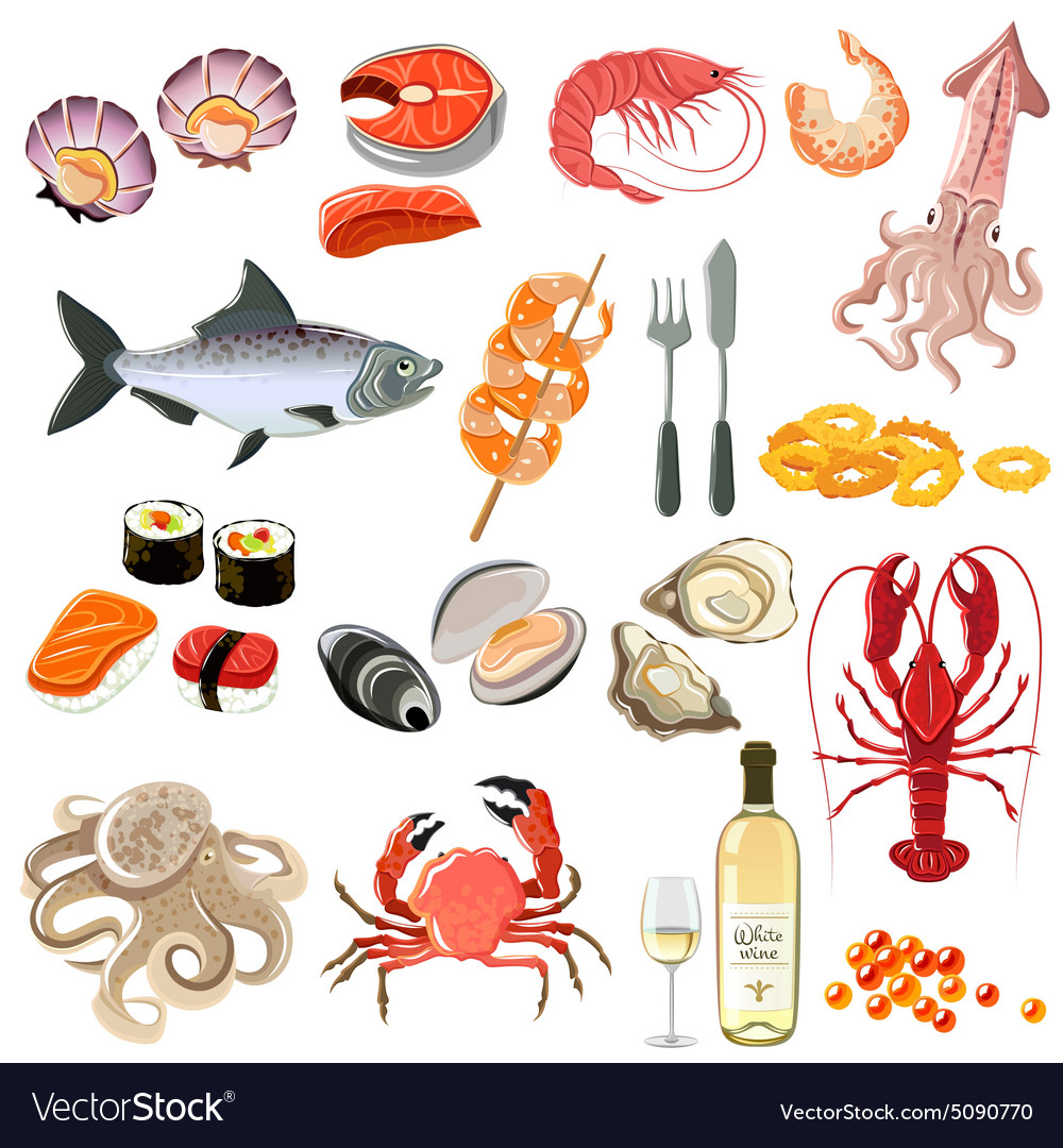 Seafood icons set Royalty Free Vector Image - VectorStock Seafood icons set Royalty Free Vector Image - VectorStock