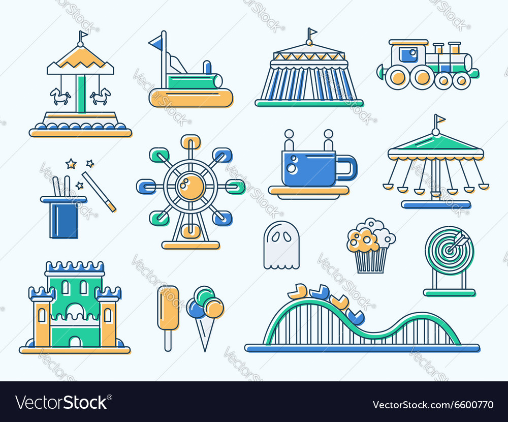 Set of flat design amusement park line icons Vector Image Set of flat design amusement park line icons Vector Image