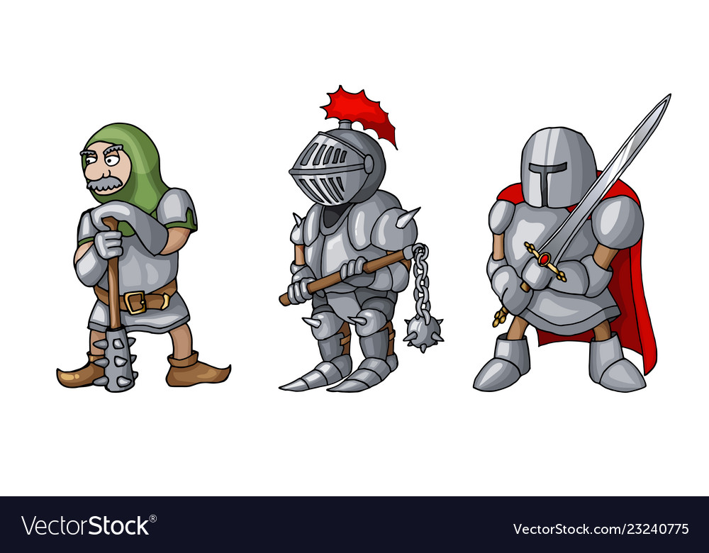 Cartoon colored three medieval knights prepering Vector Image