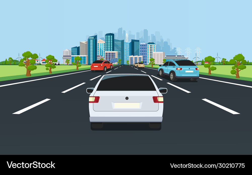 City traffic on highway with panoramic views Vector Image