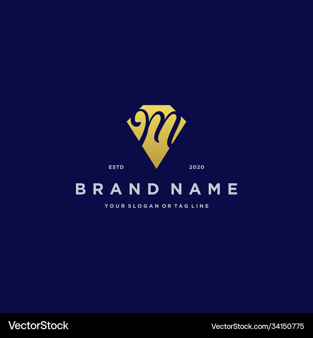 Letter m diamond gold logo design Royalty Free Vector Image
