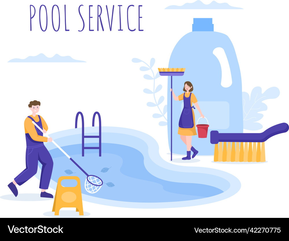 Swimming pool service worker with broom vacuum Vector Image