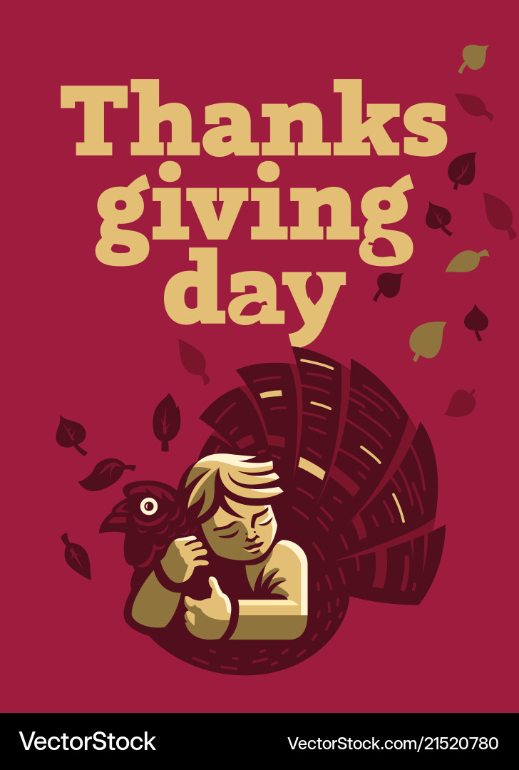 A child is hugging turkey for thanksgiving Vector Image