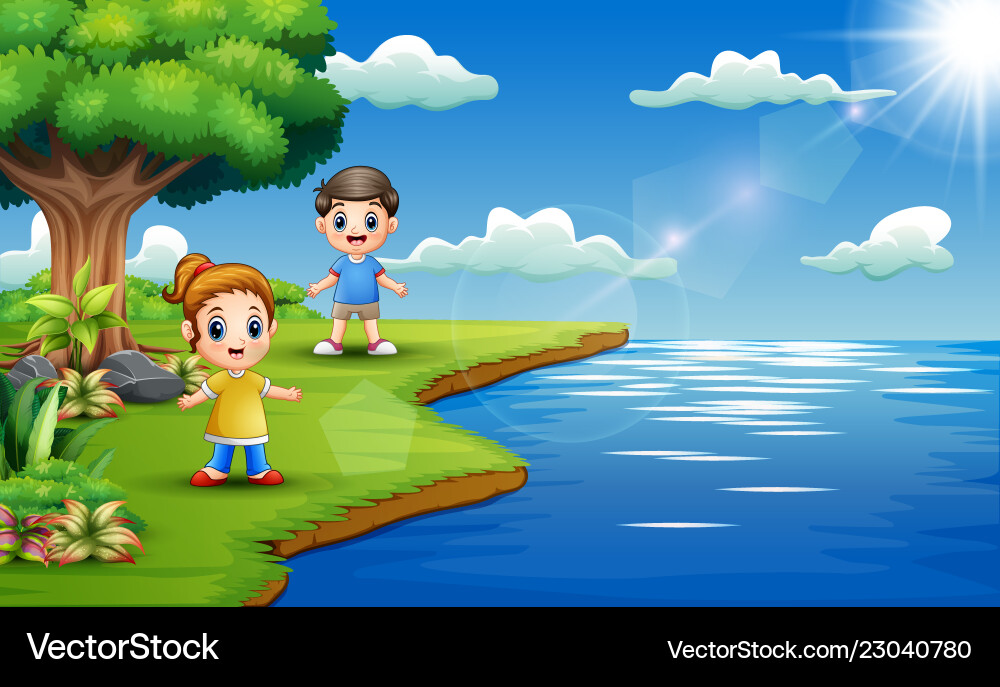 Happy kids playing in riverside Royalty Free Vector Image