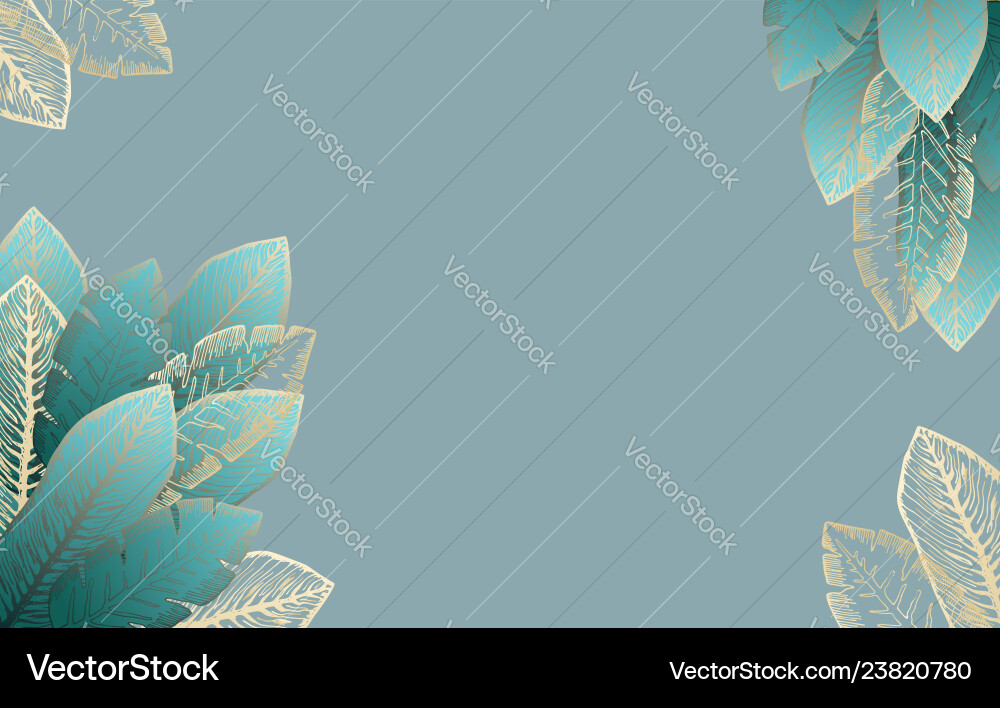 Pale blue frame with golden tropical leaves Vector Image