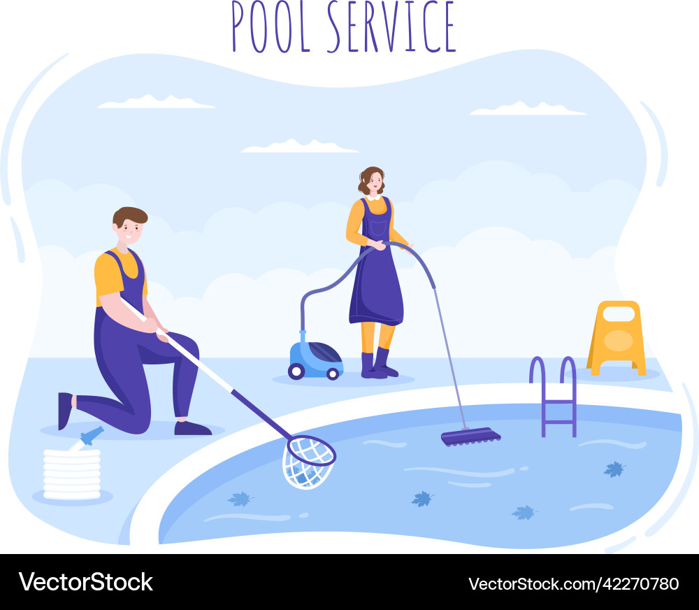 Swimming pool service worker with broom vacuum Vector Image