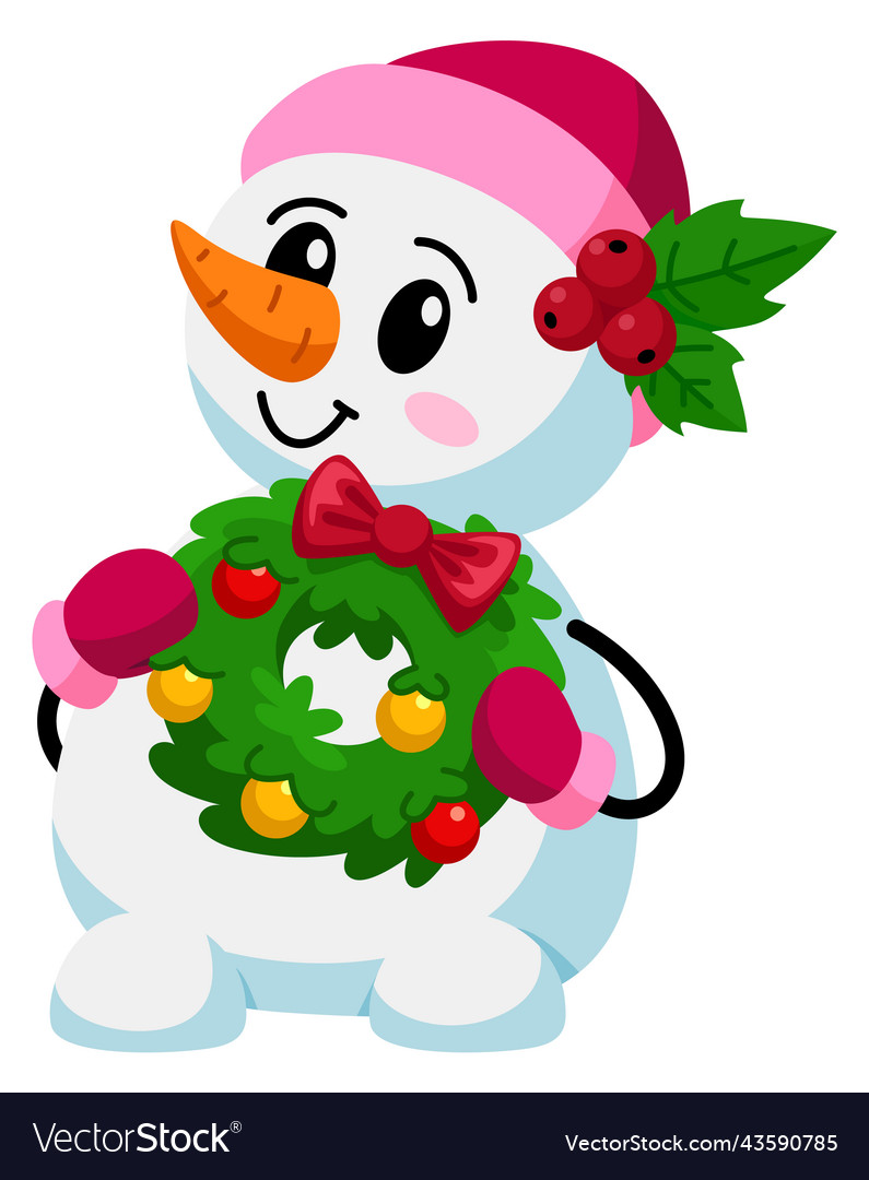 Cute snowman holding christmas wreath winter Vector Image