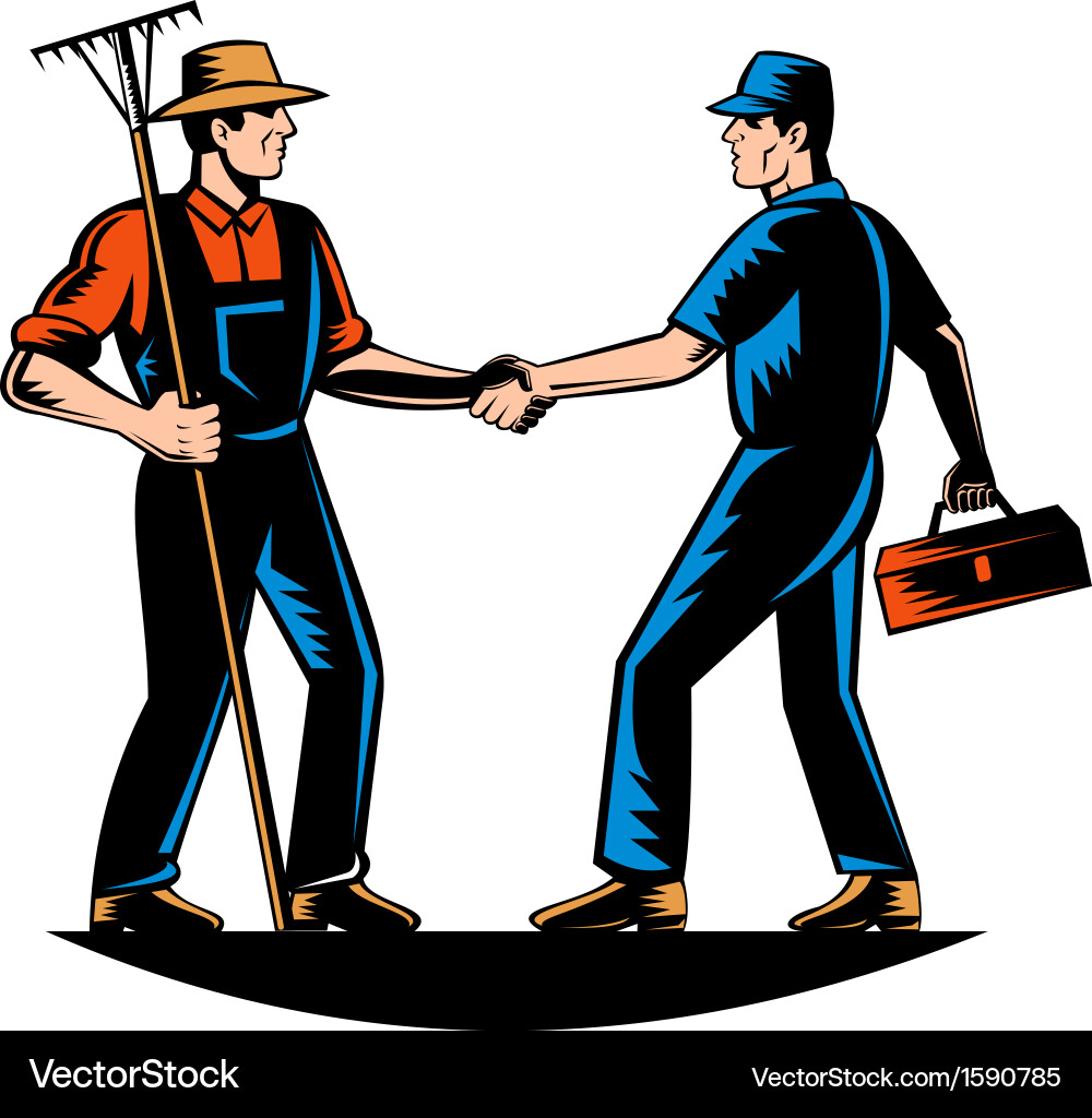 Farmer and tradesman mechanic handshake Royalty Free Vector