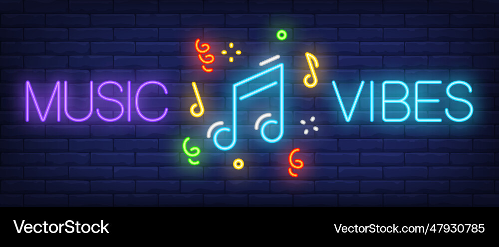 Music vibes neon sign notes on brick background Vector Image