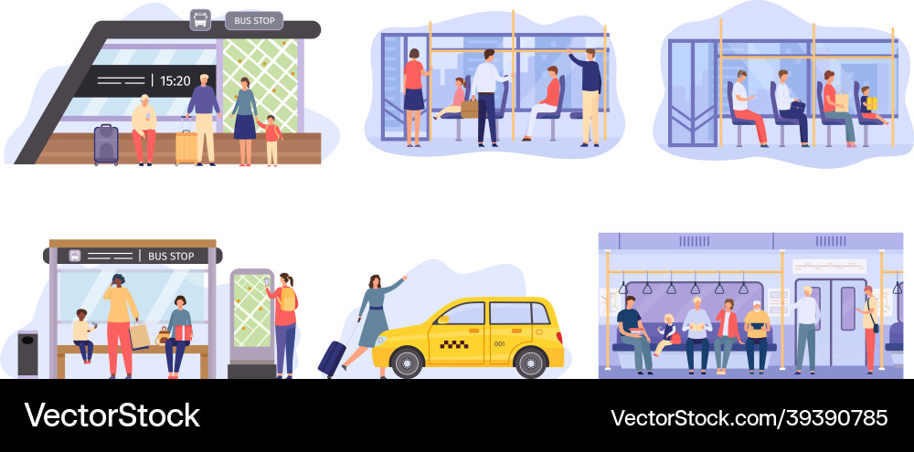 People at bus stop crowd inside city public Vector Image