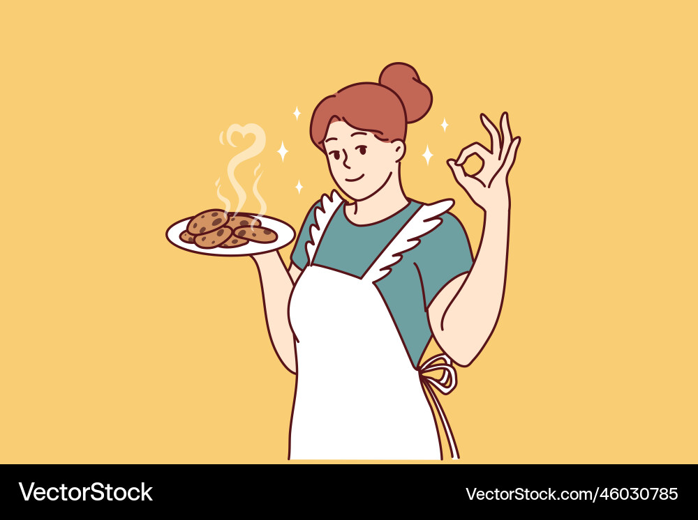 Smiling housewife in kitchen apron preparing Vector Image
