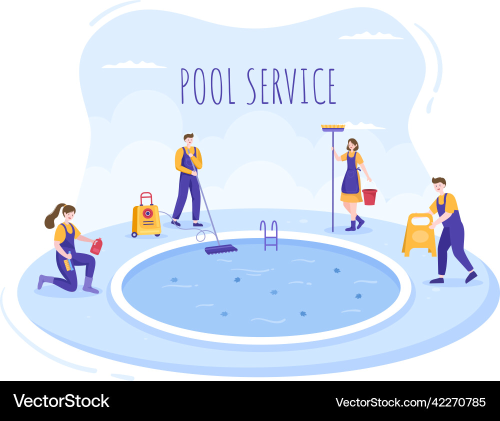 Swimming pool service worker with broom vacuum Vector Image