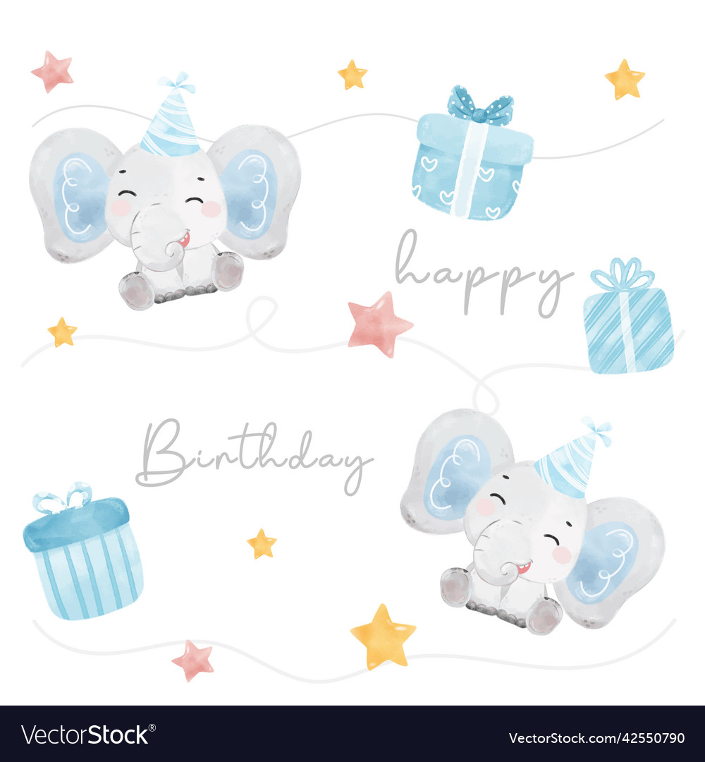 Cute birthday boy blue elephant watercolor Vector Image