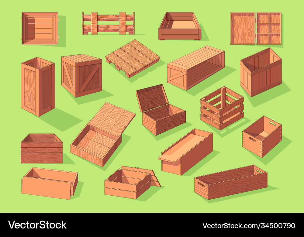 Wooden box isometric set icon pallets Royalty Free Vector