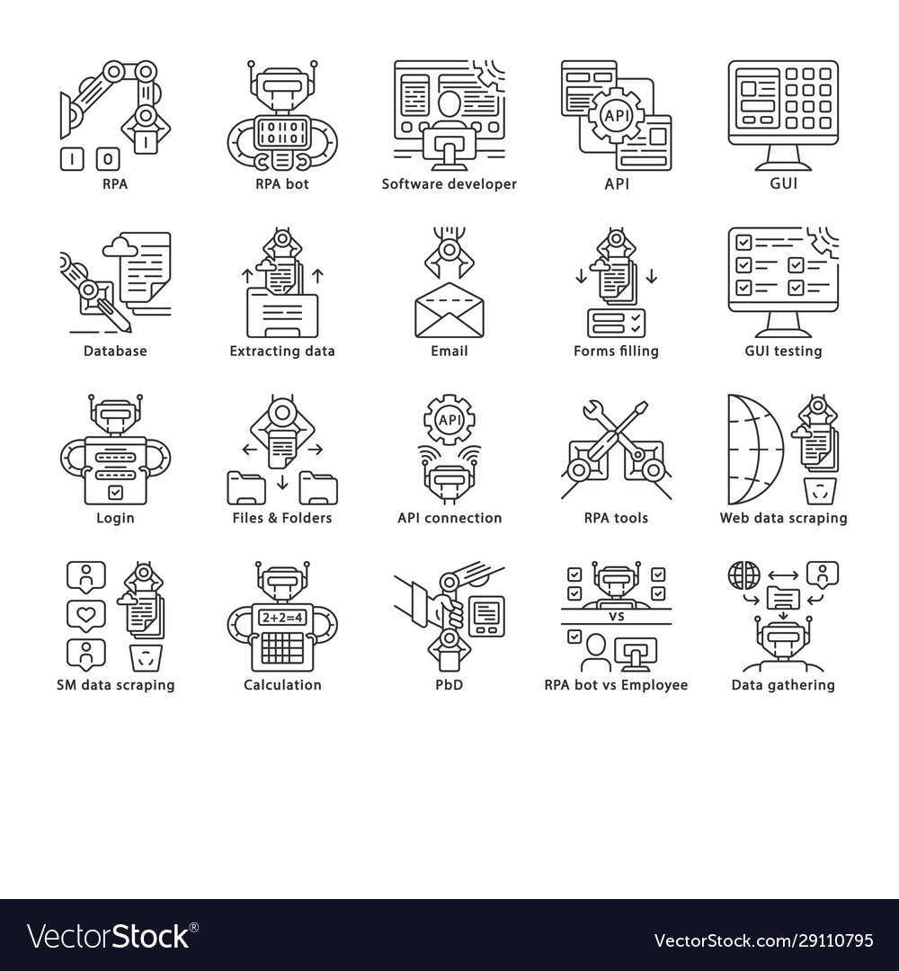 Rpa linear icons set robotic process automation Vector Image