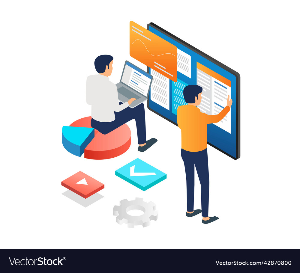 Creative team is compiling data on monitor Vector Image