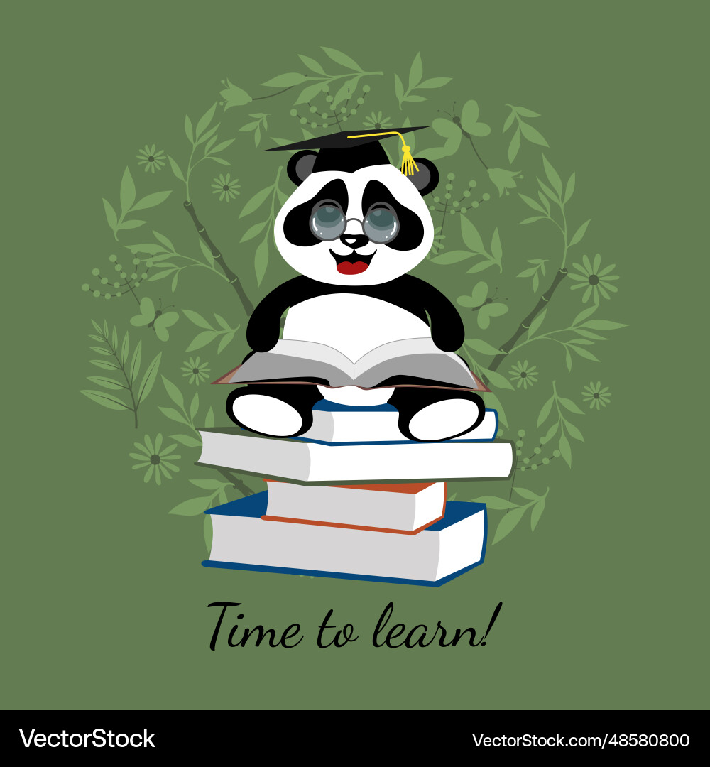 Little cheerful panda is reading a book Royalty Free Vector