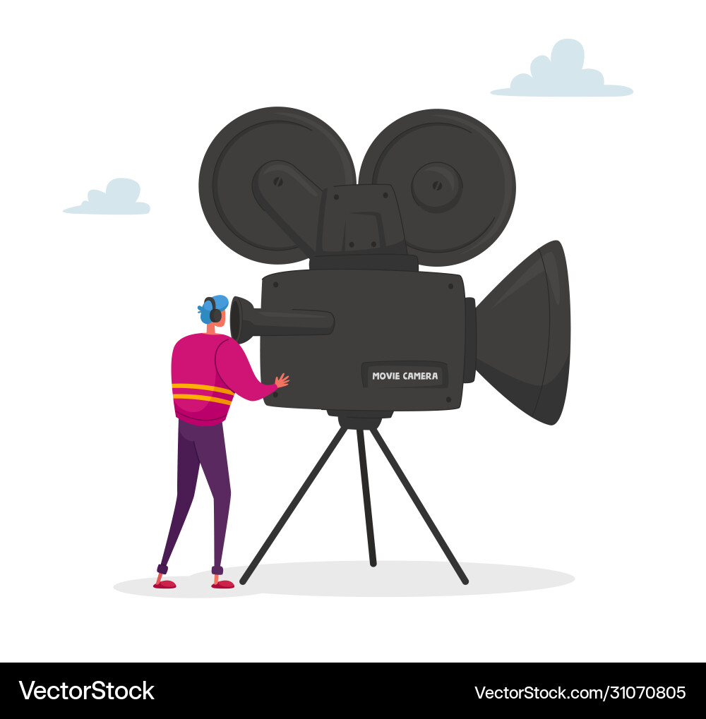 Cameraman character looking through movie camera Vector Image