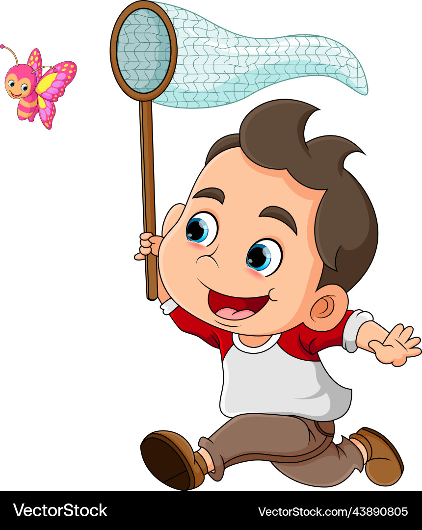 Little boy is running to catch a medium flying Vector Image