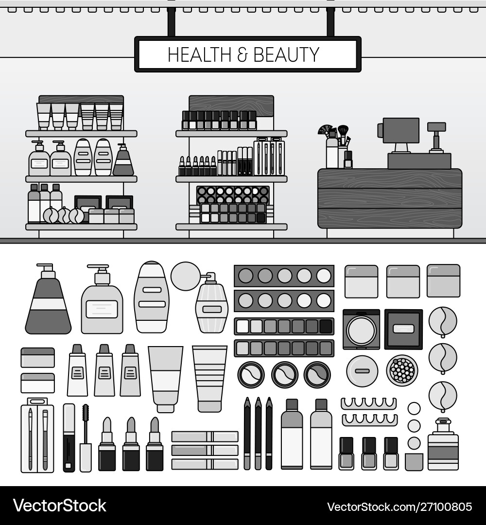 Make up store with cosmetics on shelves line Vector Image