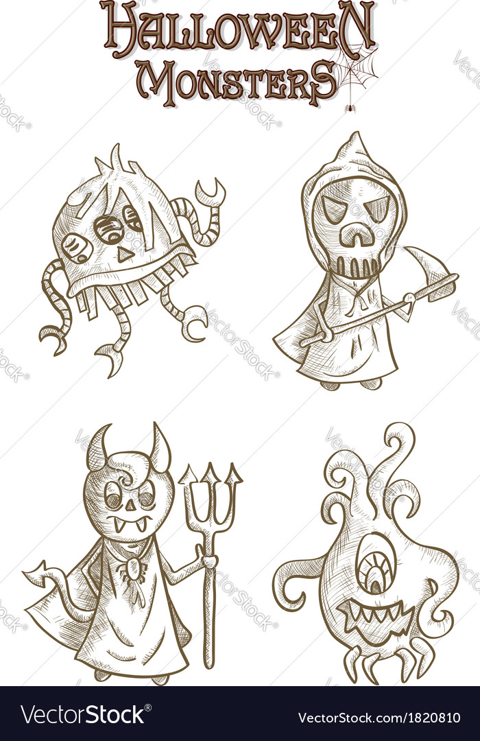 Halloween monsters scary sketch style cartoons set