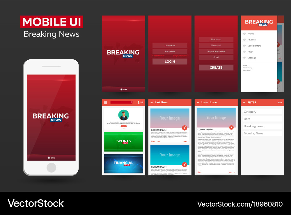 Mobile app breaking news material design ui ux Vector Image