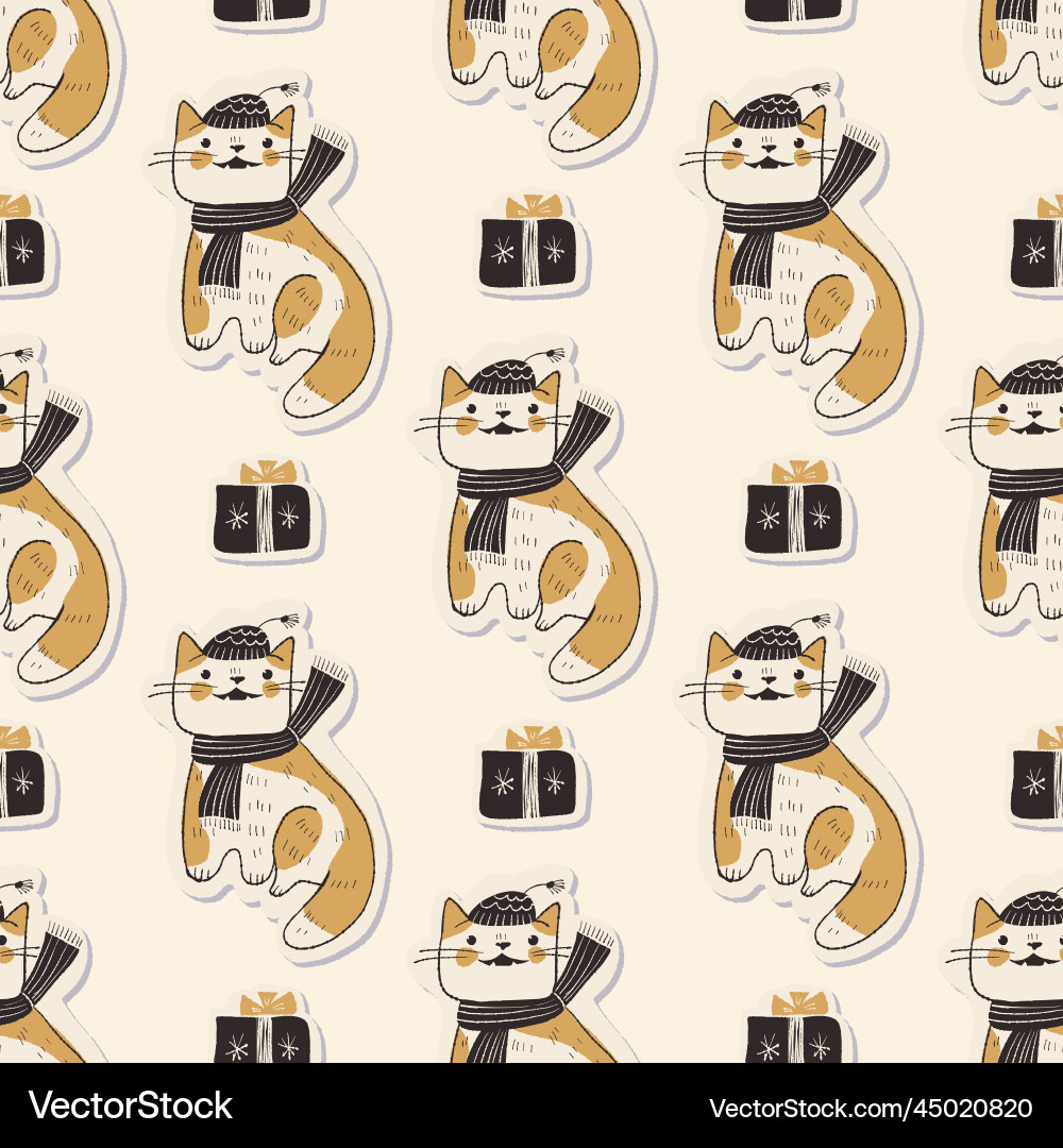 Winter seamless pattern with cats and gifts Vector Image