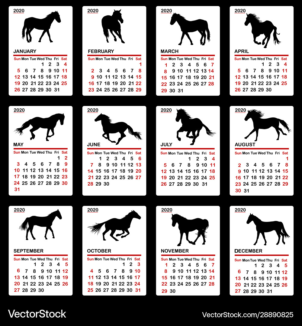 2020 calendar with horses silhouettes Royalty Free Vector