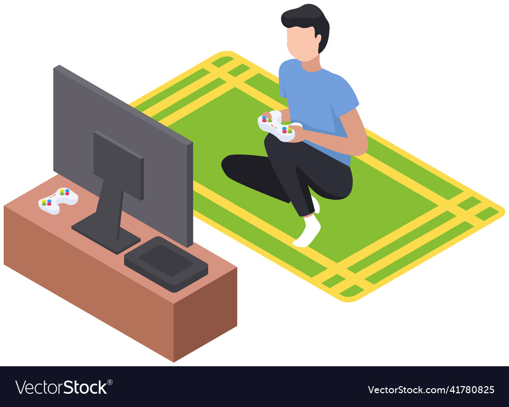 Gamer playing video game with tv screen holding Vector Image