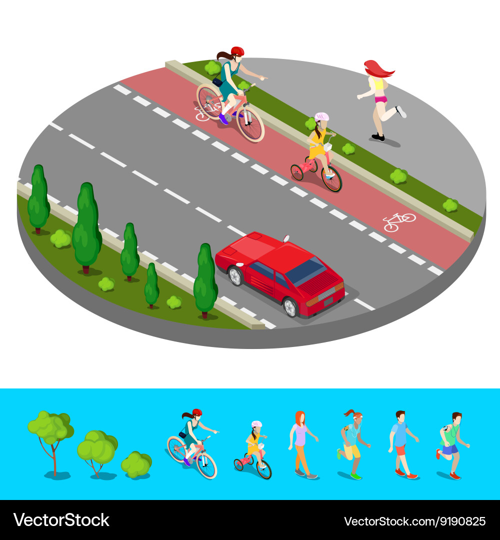 Isometric city bike path with bicyclist footpath Vector Image